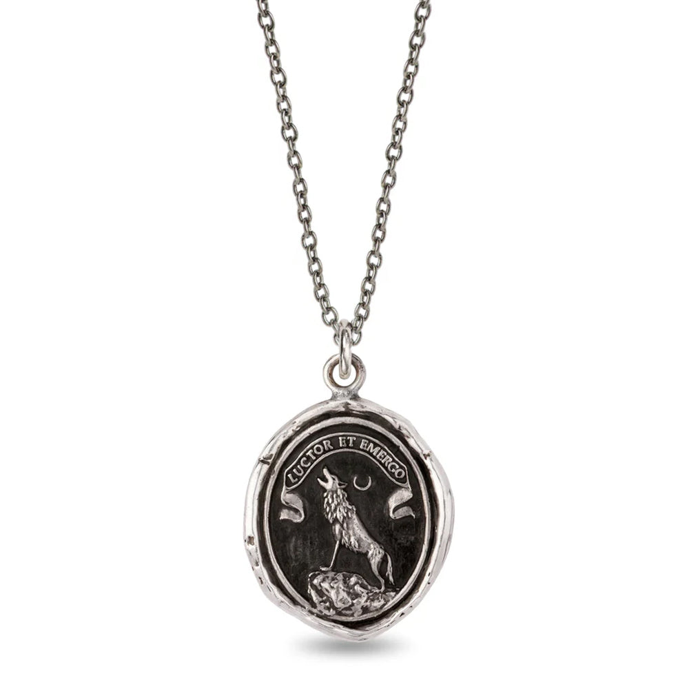 Sterling Silver Wolf & Moon Talisman Necklace - "Struggle and Emerge ...
